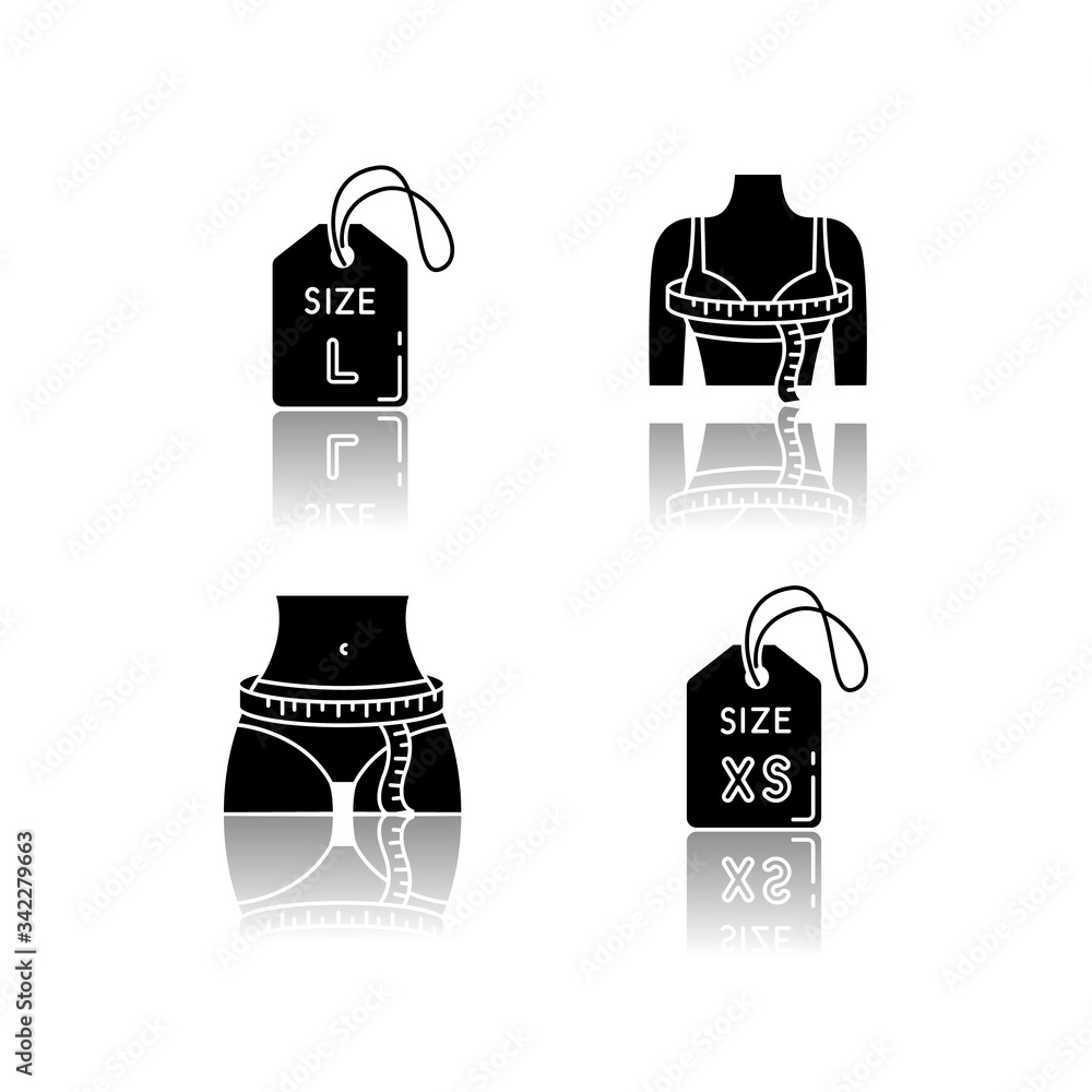 Female size tags and measurements drop shadow black glyph icons set ...