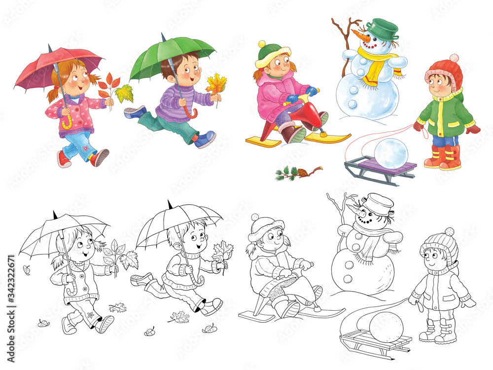 Four seasons. Spring, summer, autumn, winter. Set of 8 pictures. Cute ...