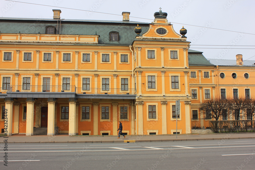 Menshikov palace in Saint Petersburg, Russia. Empty street with one ...