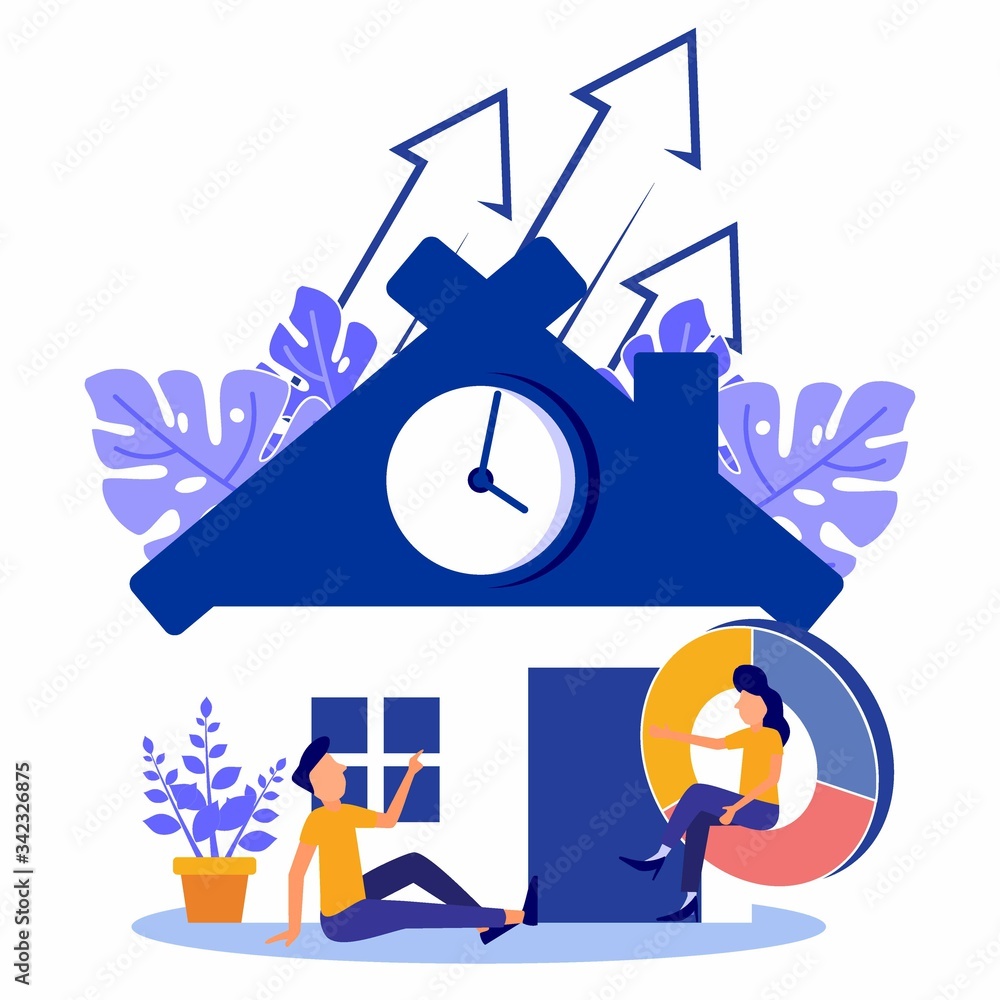 Vector illustration, house and clock above it on a white background ...