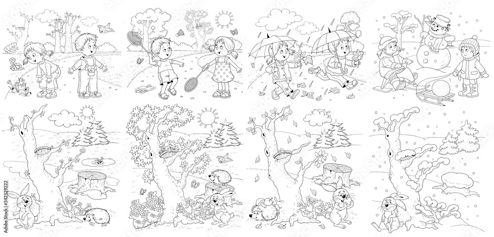 Four seasons. Spring, summer, autumn, winter. Set of 8 pictures. Cute ...
