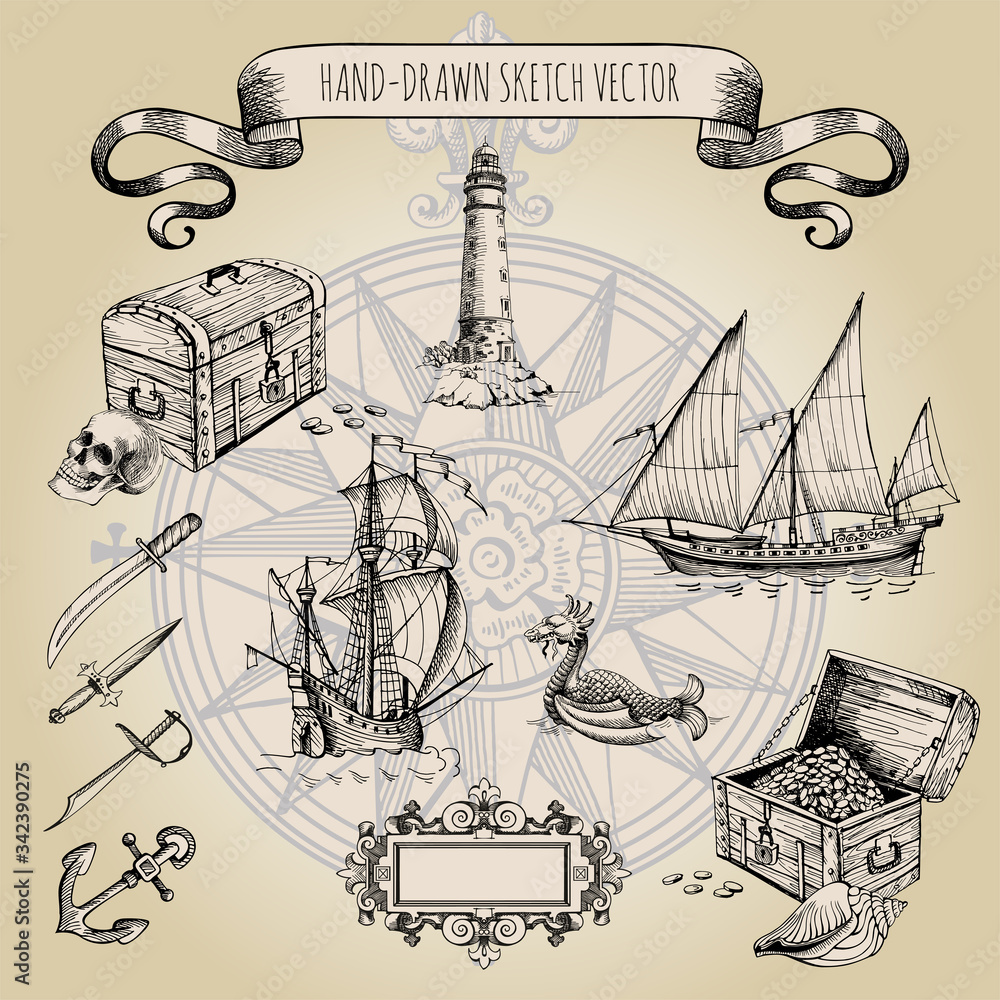 Set of decorative elements for the design of an old geographical map ...