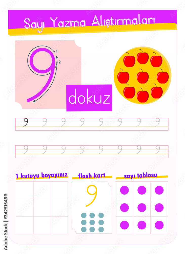 Number writing practice Turkish - number 9, coloring box, flash card ...