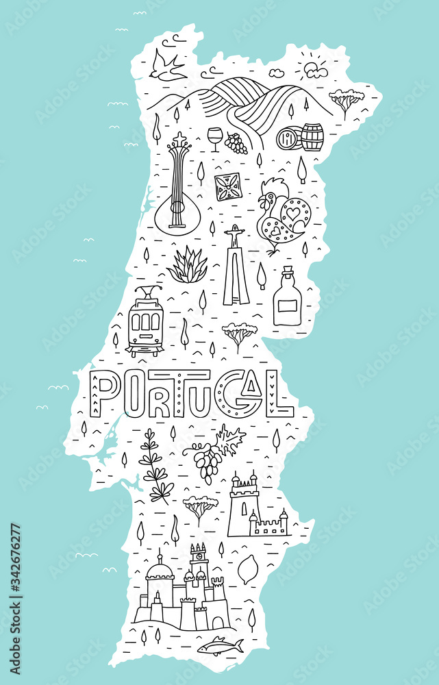 Travel map of Portugal. Hand-drawn poster with the main symbols and ...