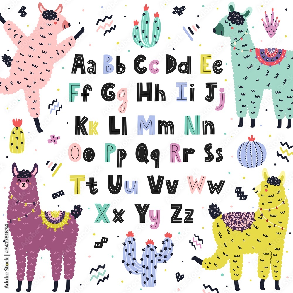 English alphabet with cute llamas. Educational poster for kids with ...