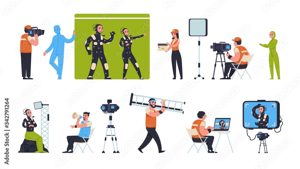 Movie production. Film making scenes with actors director and camera ...