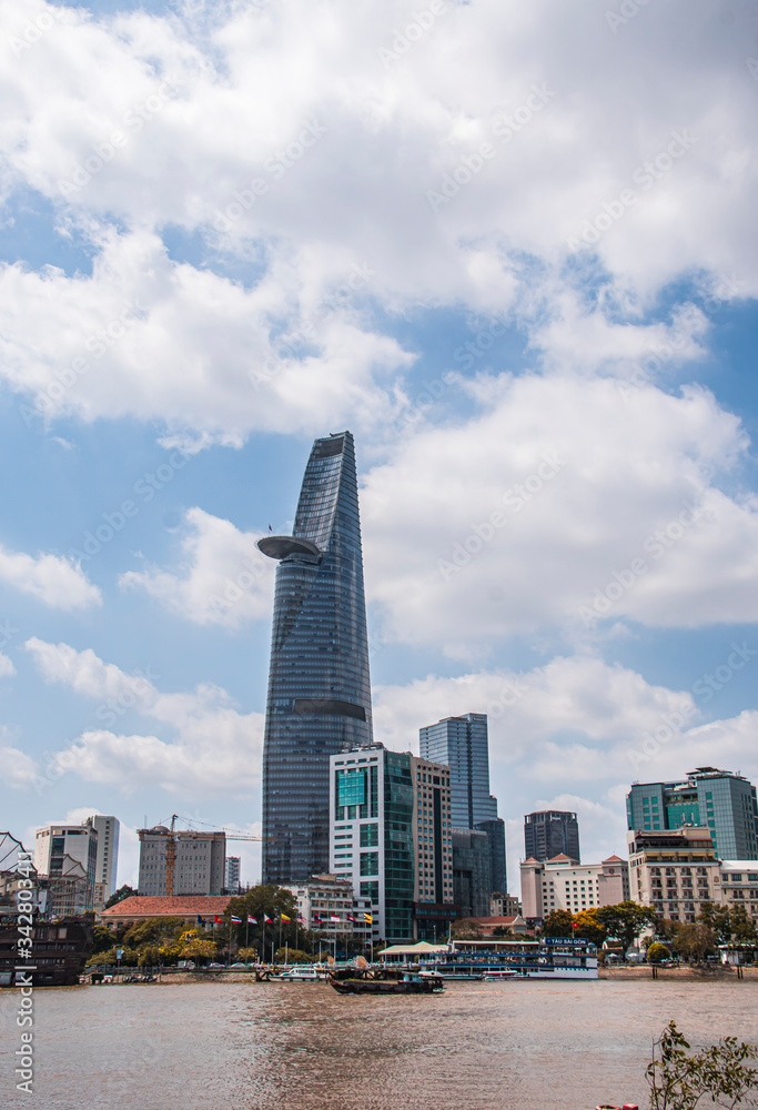 Saigon skyline and the Saigon River with Bitexco tower. Ho Chi Minh ...