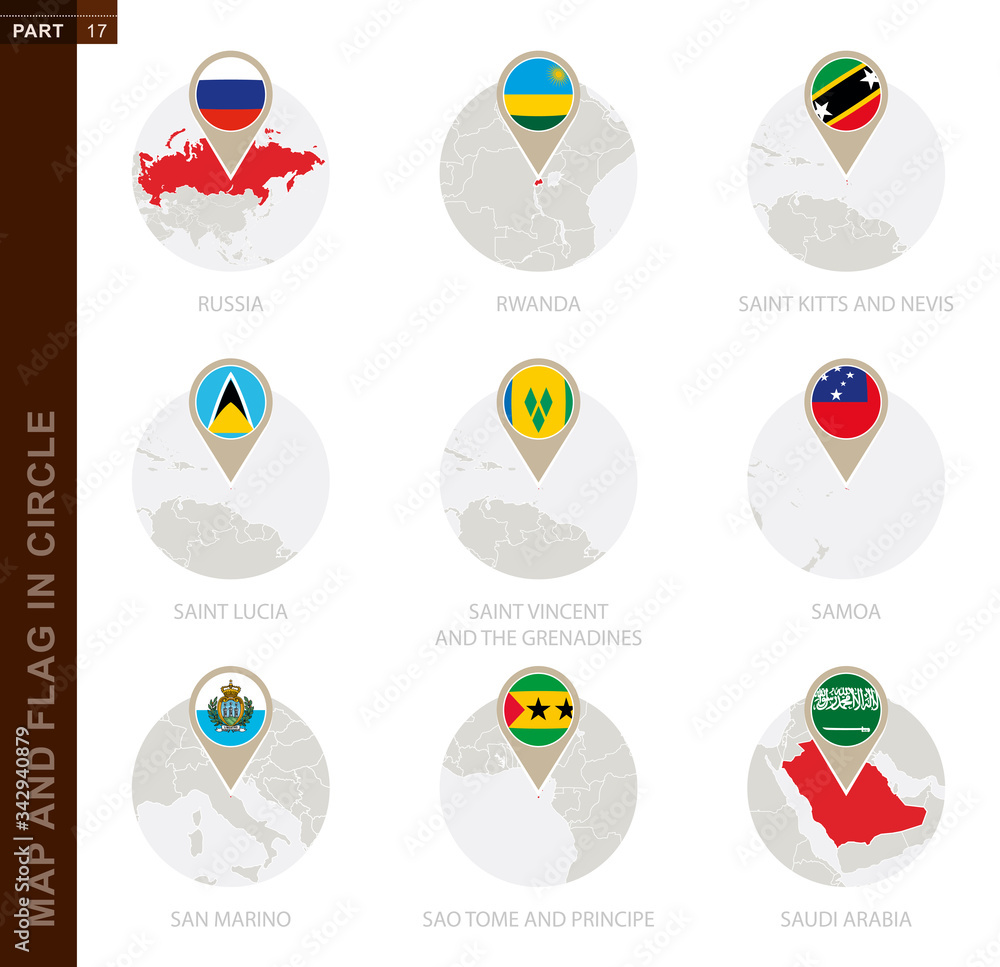 Map and Flag in a circle of 9 Countries Stock Vector | Adobe Stock