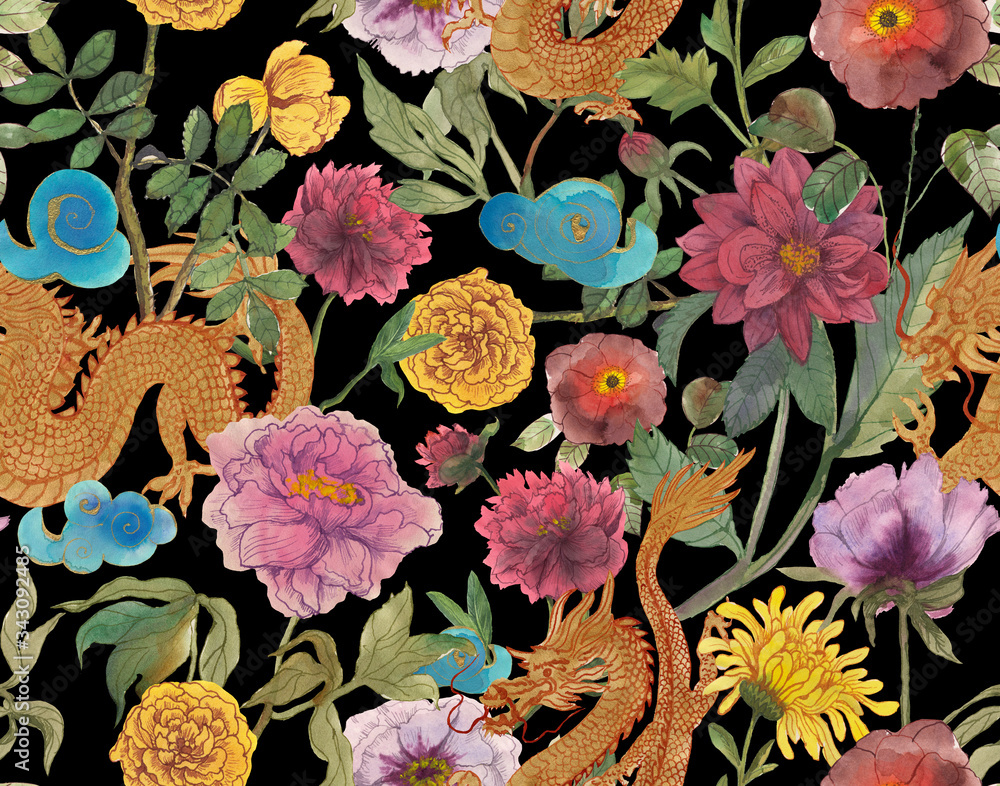 vintage seamless asian traditional patterns. Japanese painted flowers ...
