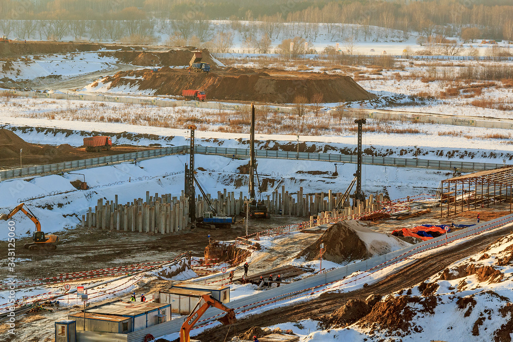 Pile driving in foundation pit construction apartment building. Piling ...