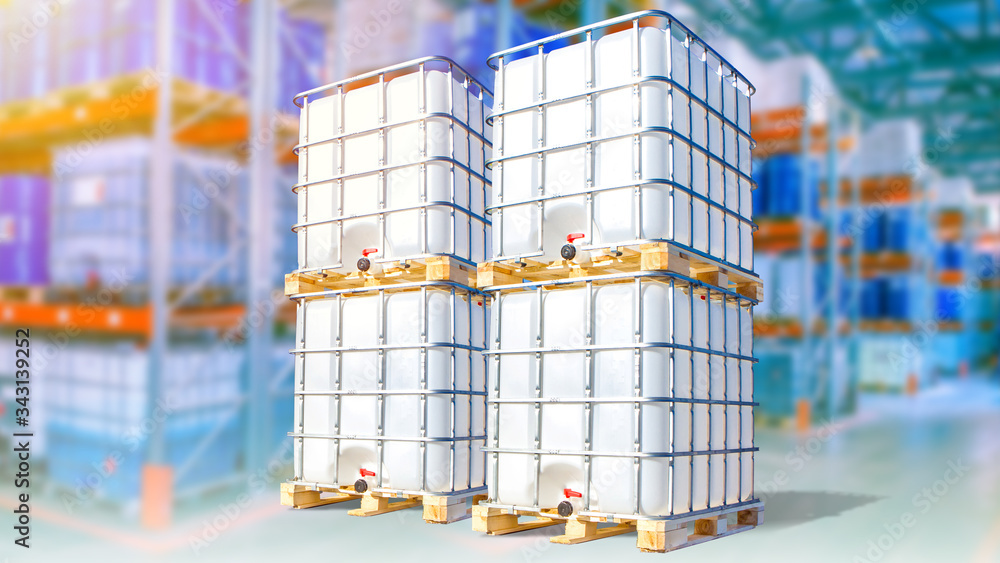 Large liquid tanks in stock. Warehouse of chemical products. Concept ...