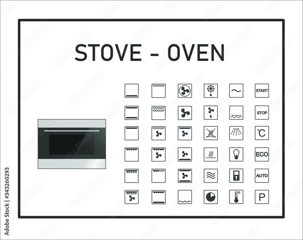 Oven manual icon set. Instructions symbols. Stove exploitation manual ...