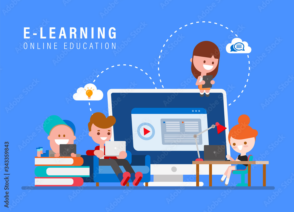 E-learning online education concept illustration. Kids studying at home ...