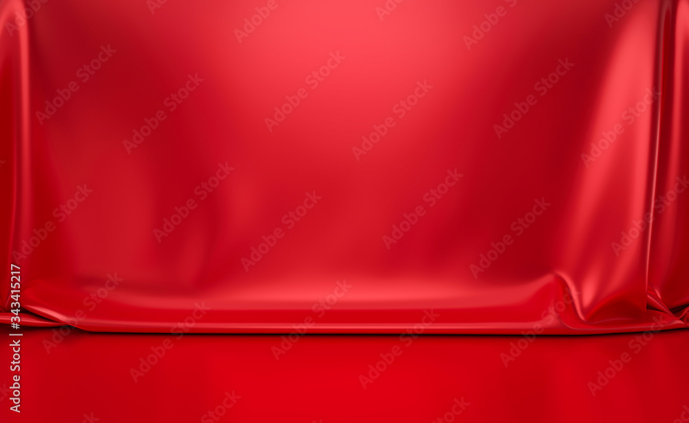 Red luxury studio background with abstract shiny fabric cover ...