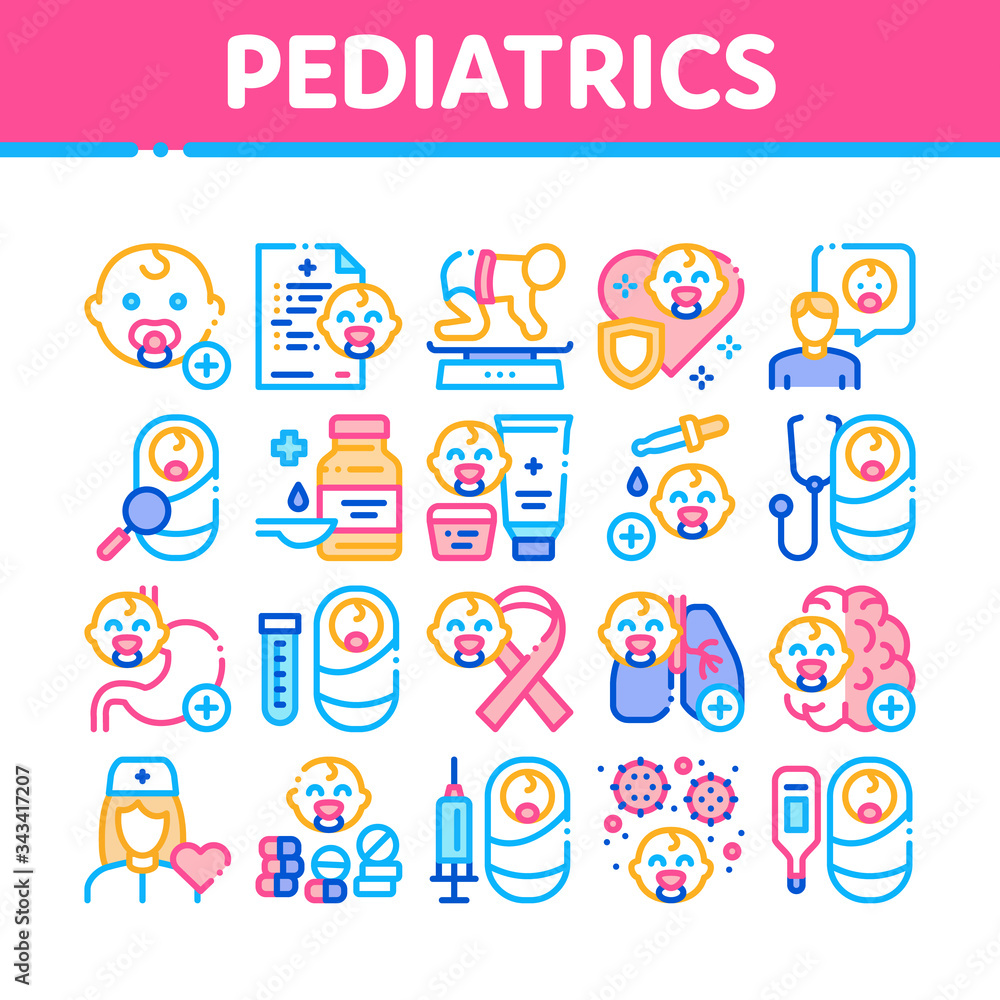 Pediatrics Medical Collection Icons Set Vector. Child And Pediactrics ...
