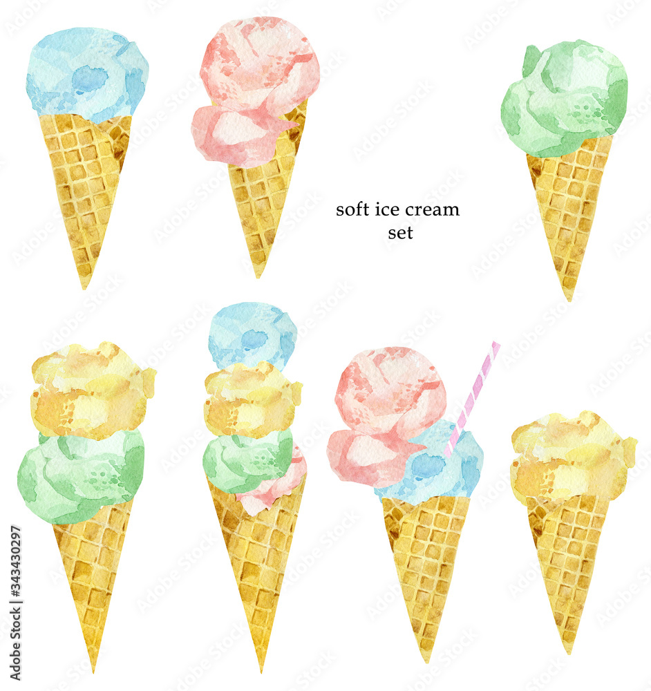 Watercolor set of sot ice cream in waffle cone. Summer colorfull ...