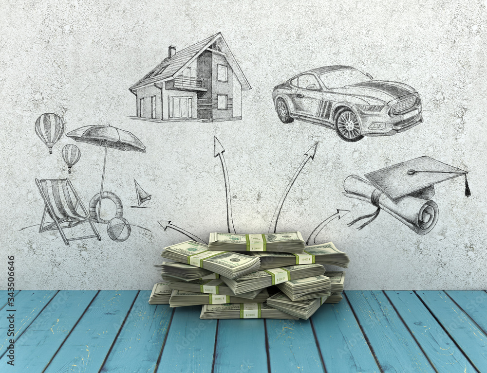 loan money concept 3d illustration, heap of dollars bills and hand ...