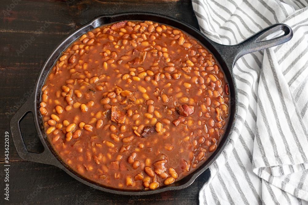 Bourbon Baked Beans in a Cast Iron Skillet: Pork and beans seasoned ...