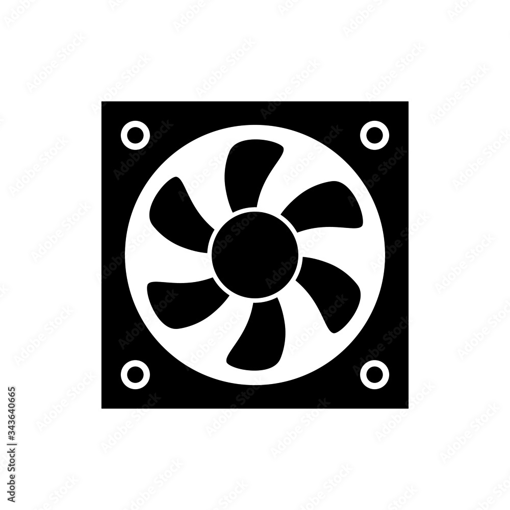 computer fan icon, pc cooler symbol in black flat shape design on white ...