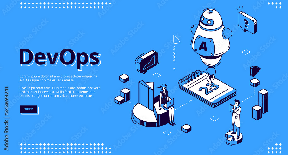 Vector de Stock Devops isometric landing page, development and operation specialists work ...