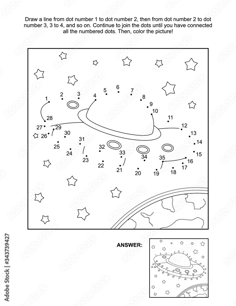 UFO connect the dots, or dot-to-dot, activity and coloring page, outer ...