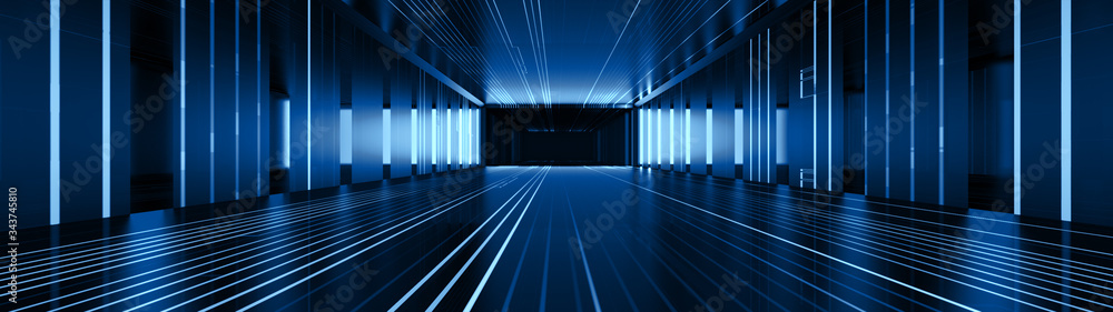 Abstract Corridor Perspective Hall Digital Technology Background. Blue ...