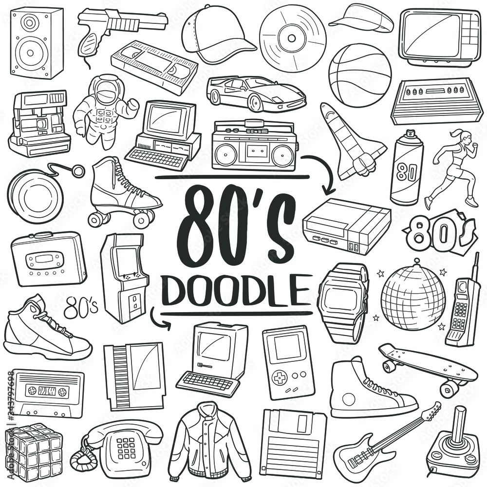 80's, Eighties years doodle icon set. Retro technology clip art hand ...