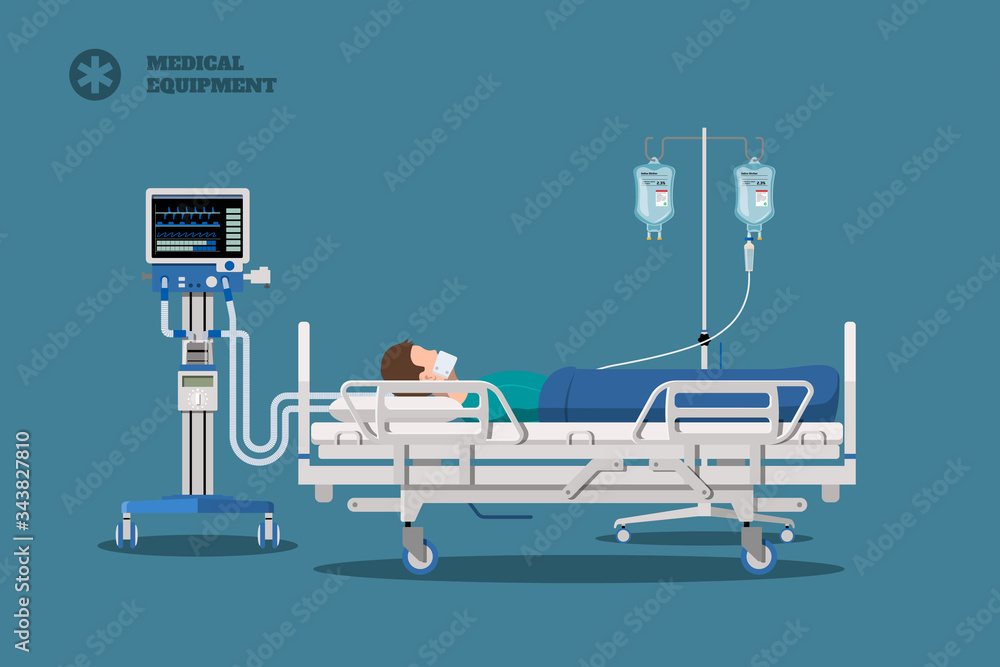 Hospital bed with ptient. Man connected to mechanical ventilation ...