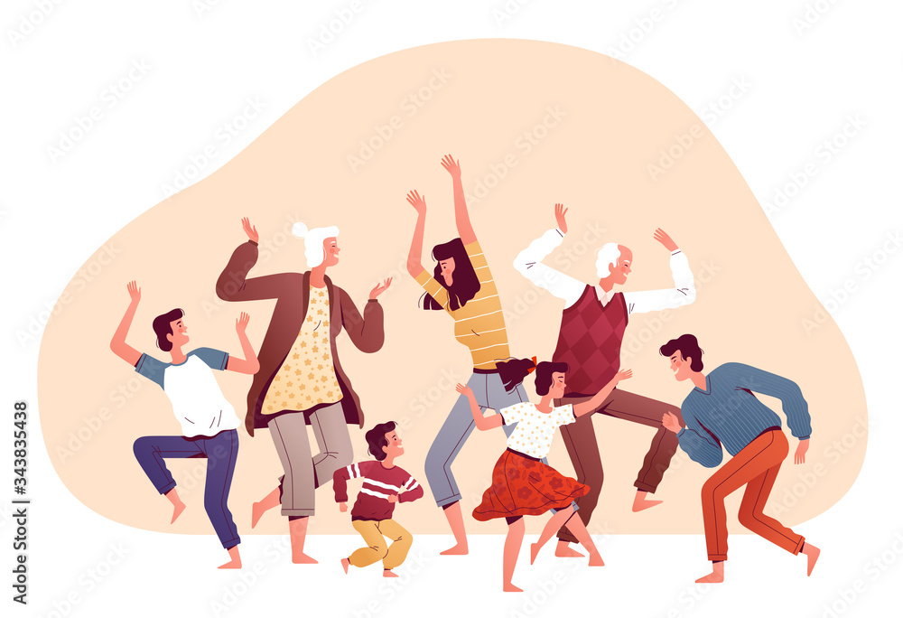 Big family dancing together. Happy parents, children and grandparents ...