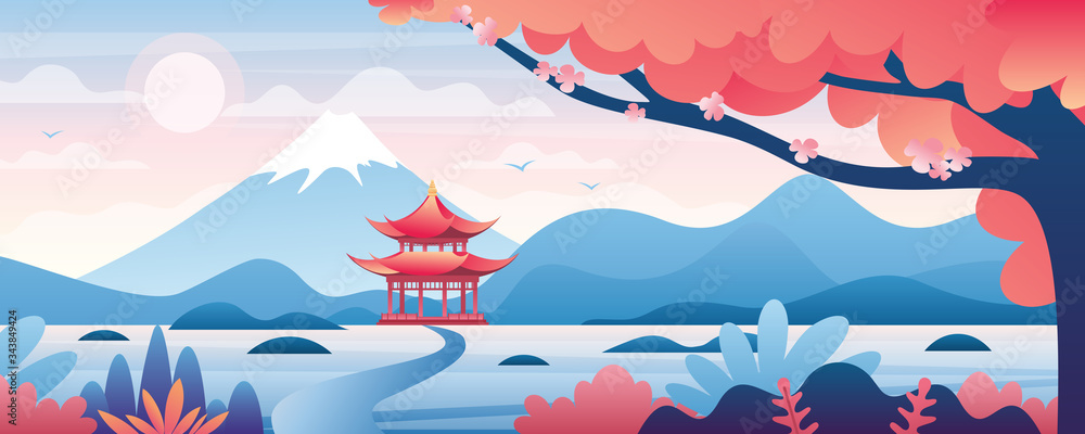 Chinese landscape vector illustration. Cartoon asian traditional temple ...