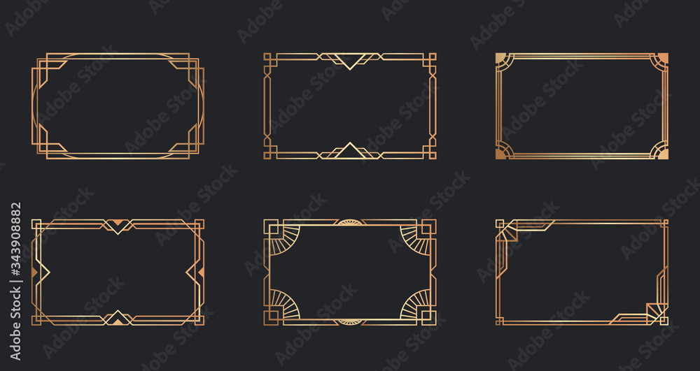 Art deco golden frames set. Line gold decorative borders isolated on ...