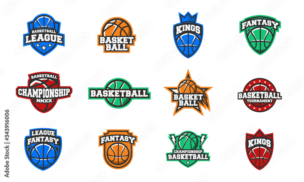 Set of 12 basketball colorful logos isolated on white background ...
