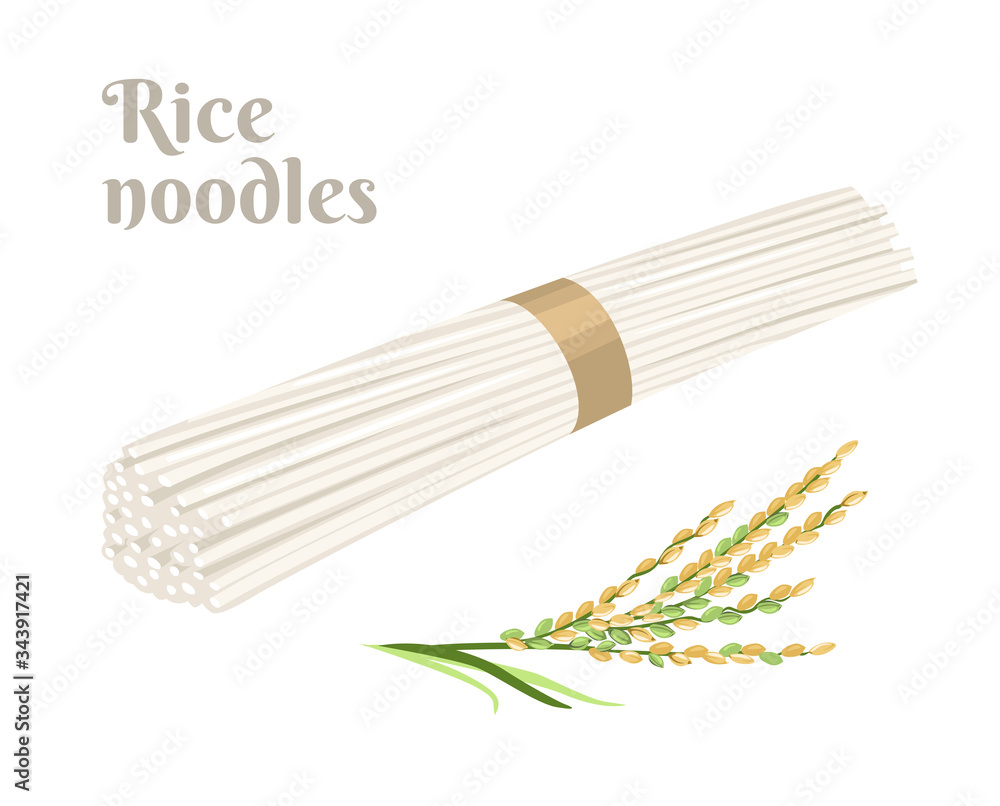 Uncooked rice noodles and an ear of rice isolated on a white background ...