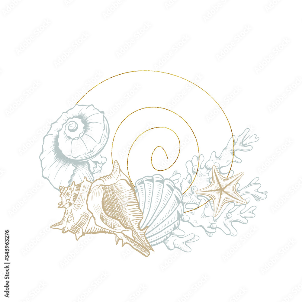 Marine art wreath, seastar and ocean seashell spiral line, vector gold ...