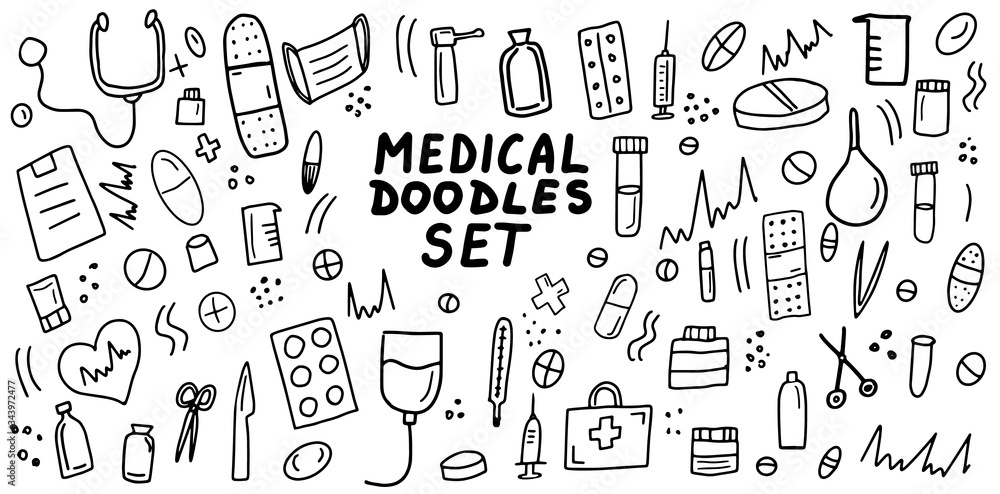 Medical doodles icon set. Hand drawn lines health care concepts ...