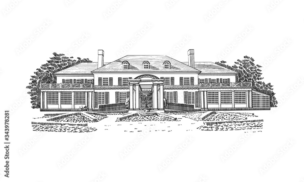 Vector illustration with Georgian style mansion, country estate ...