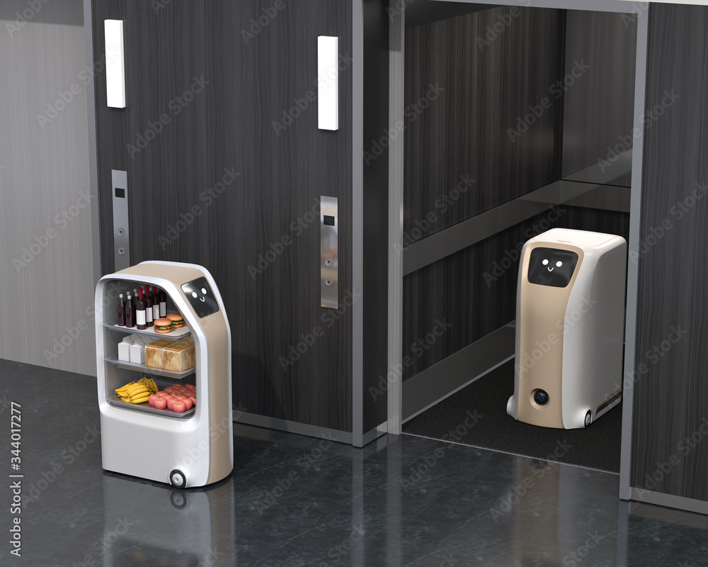 Delivery robot in elevator, another one carry food moving in the hall ...