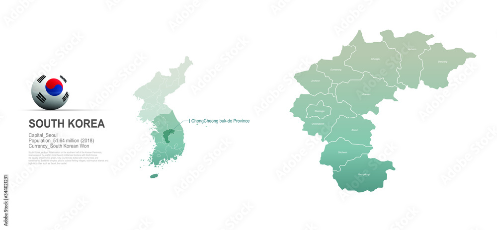 chungcheong buk do map. detailed south korea city, provinces vector map ...