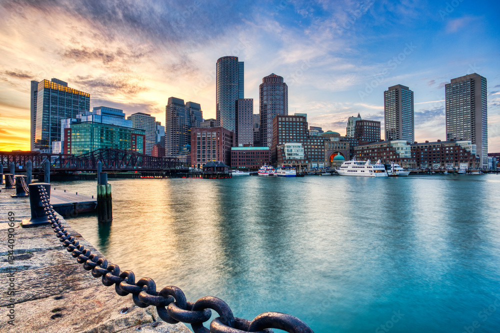 Boston Skyline with Financial District and Boston Harbor at Sunset ...