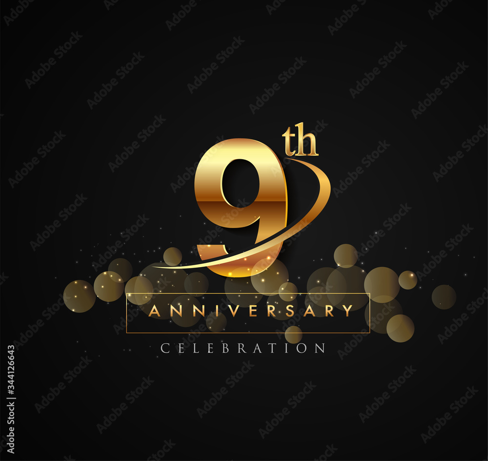 9th golden anniversary logo with swoosh and sparkle golden colored ...