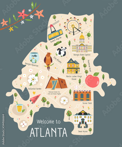 Illustrated map of Atlanta with famous symbols Stock Vector | Adobe Stock