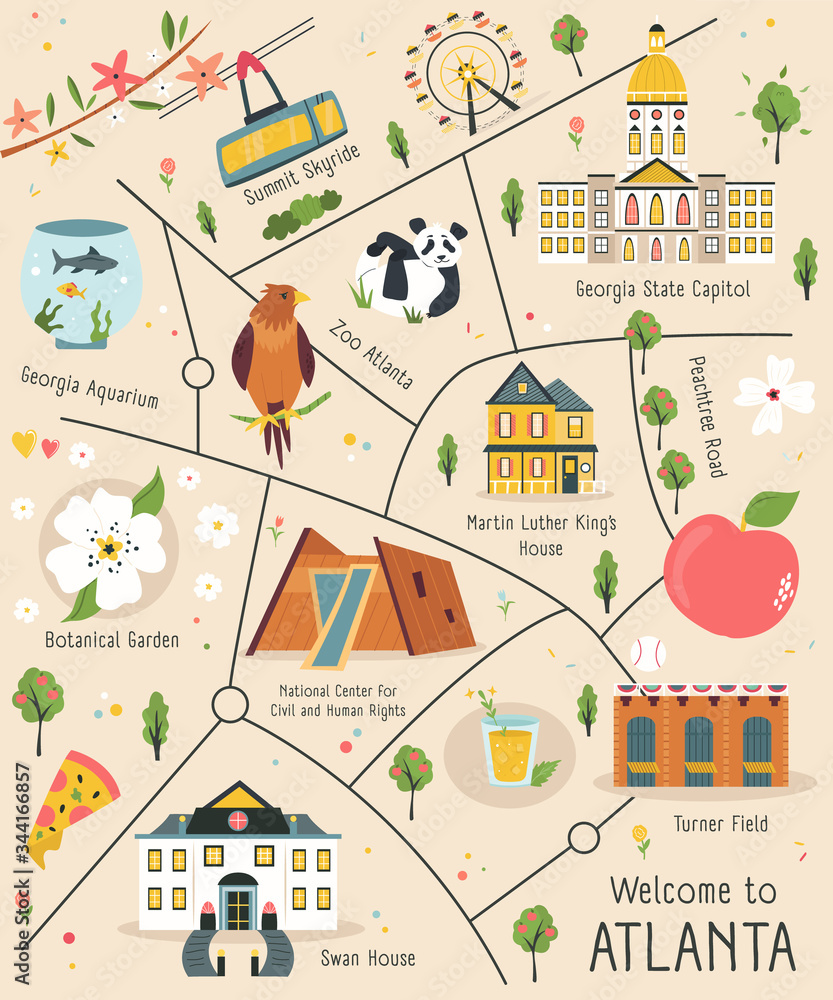 Illustrated map of Atlanta with famous symbols Stock Vector | Adobe Stock