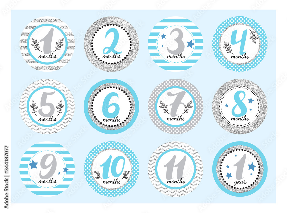 Image vectorielle Stock Monthly baby stickers for newborn boys. Month ...
