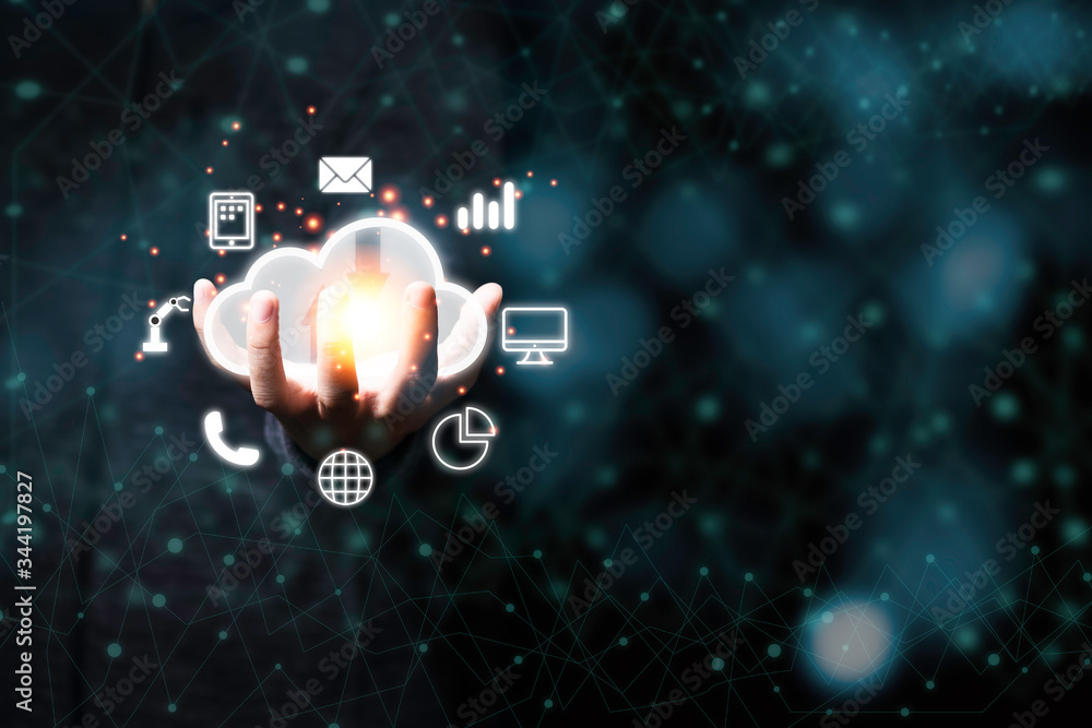 Hand holding virtual artificial intelligence with cloud technology ...