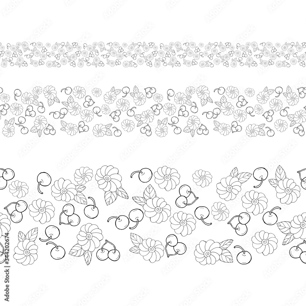 border ink drawing cherry, leaves and flowers, coloring page for design ...