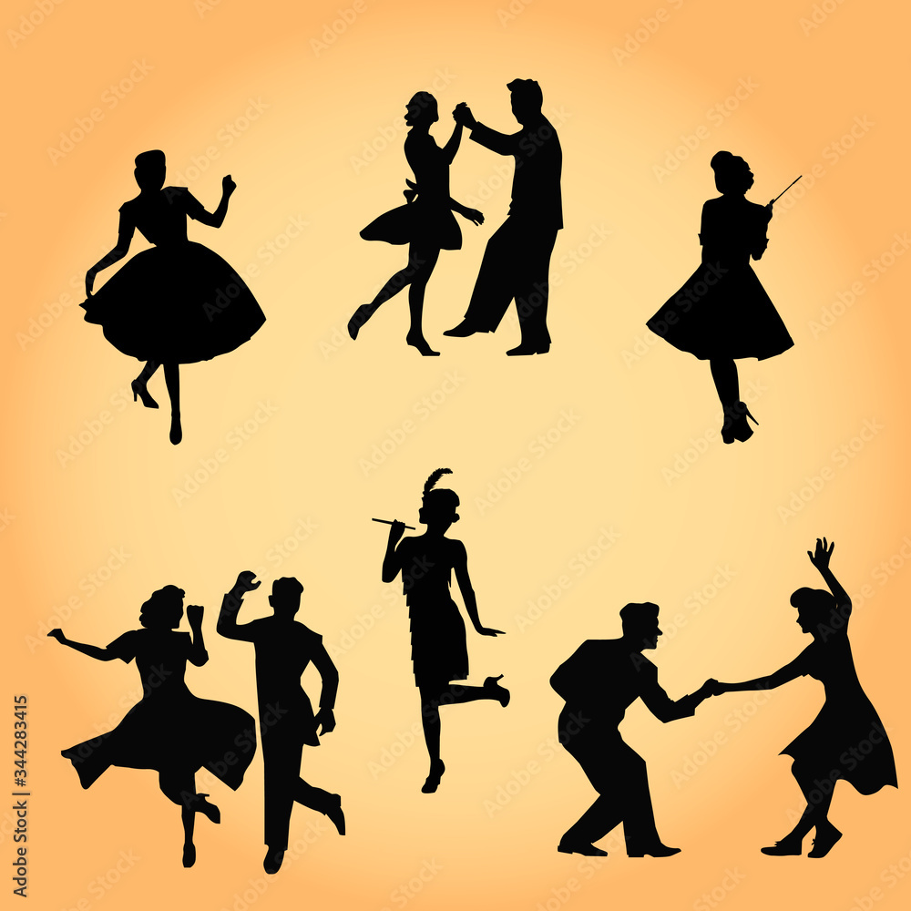 Silhouette of dancers on gold background. Set of retro style dancers of ...