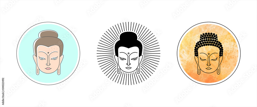 Buddha face, portrait, head vector line, outline illustration. Circle ...