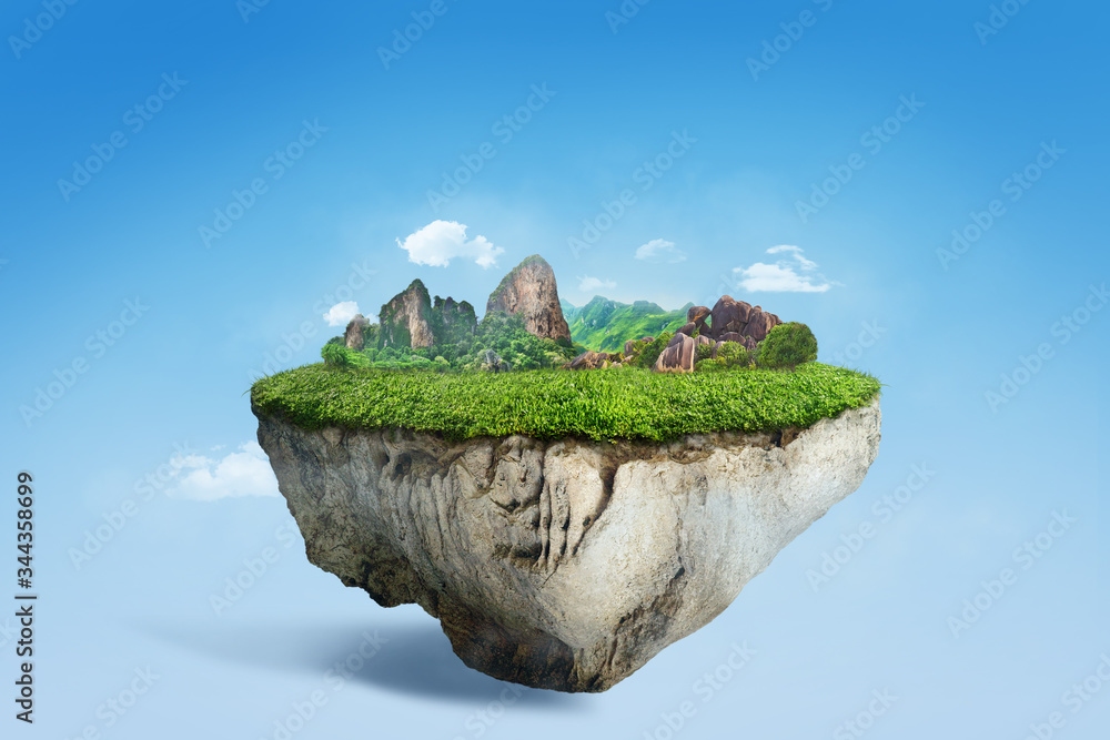 Amazing floating island with natural mountain landscape, 3D float rock ...
