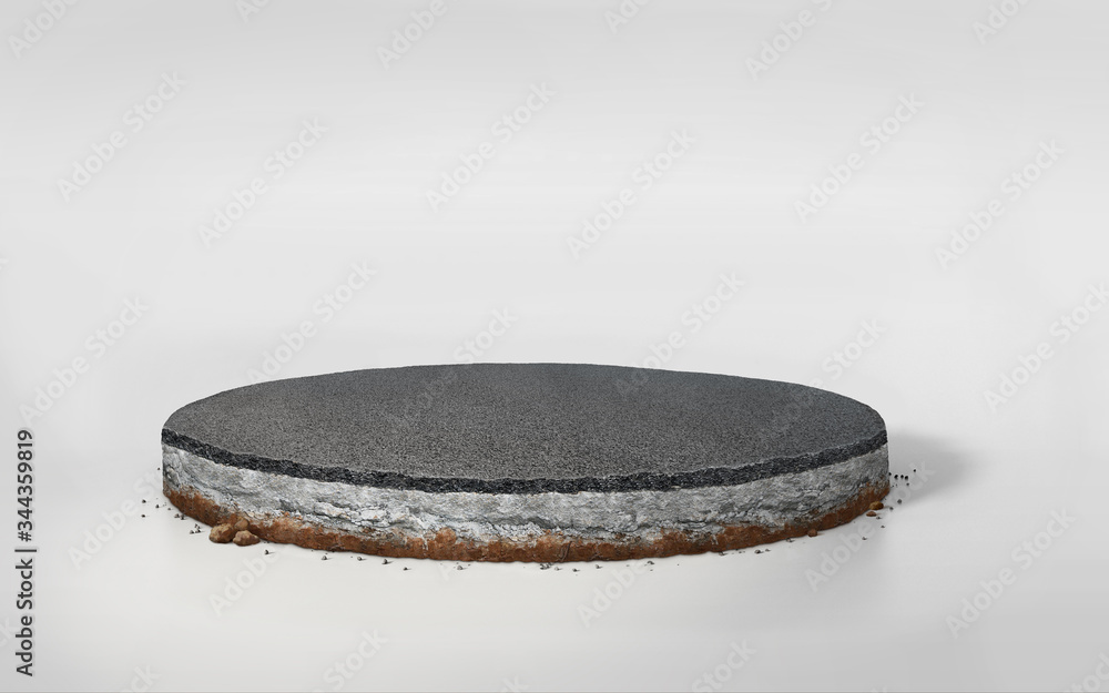 3D illustration asphalt road on circular layered soil cross section ...