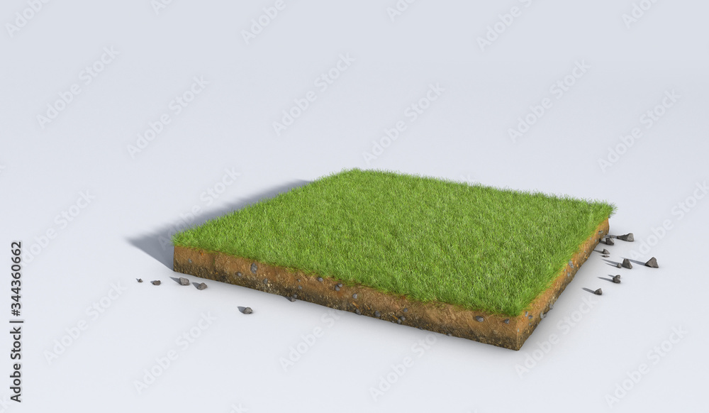 3D Illustration soil ground cross section with earth land and green ...